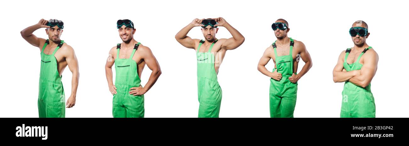 The man in green coveralls with goggles Stock Photo - Alamy
