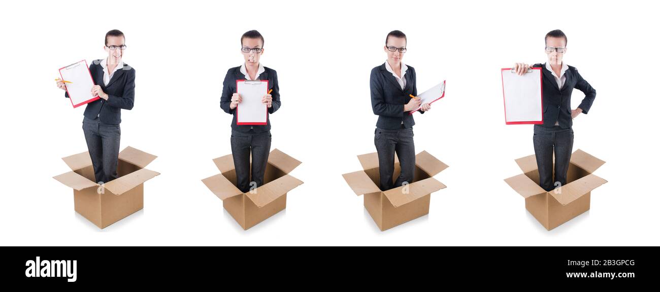 The woman with paper pad out of box Stock Photo - Alamy