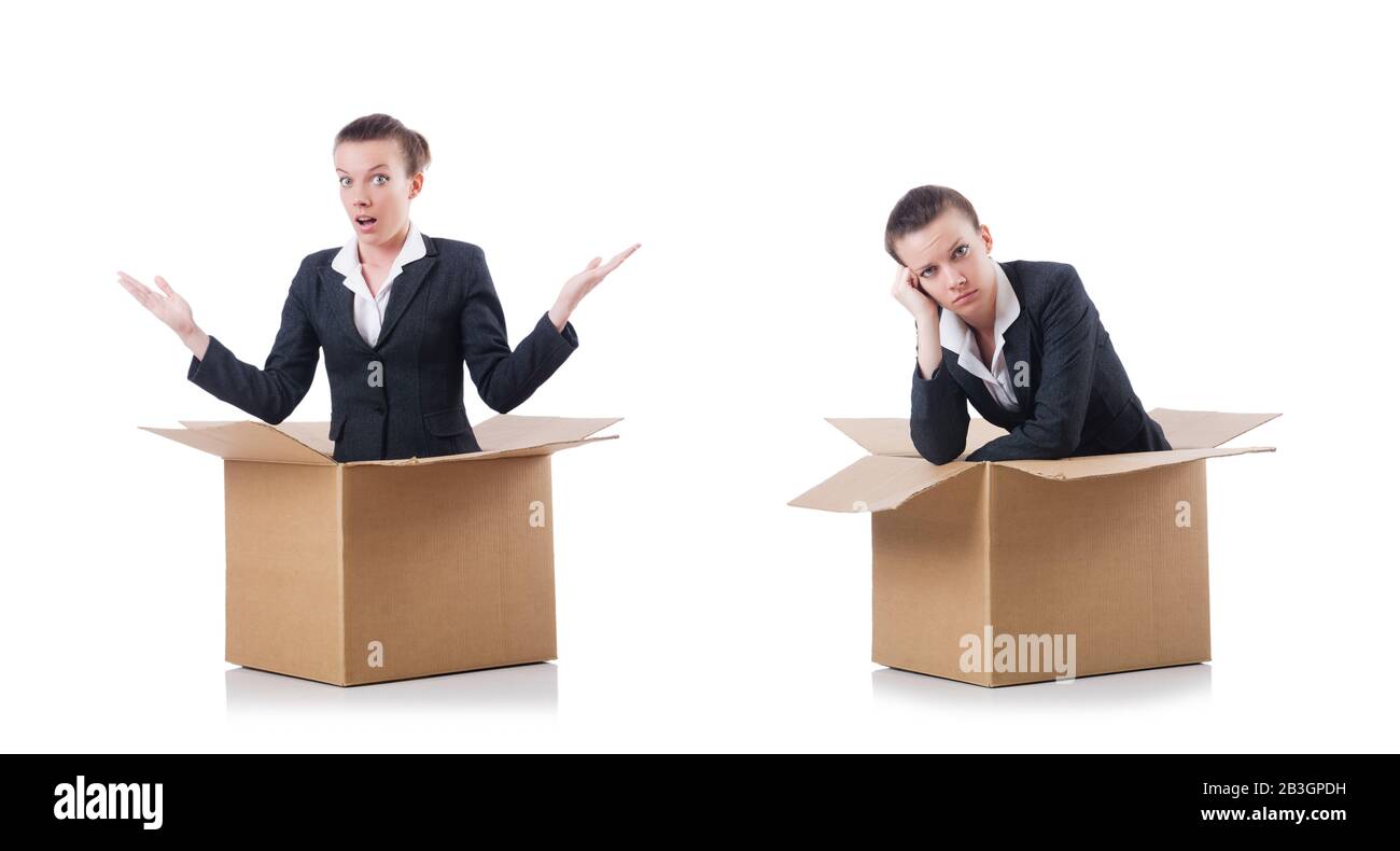 The woman with boxes on white Stock Photo - Alamy