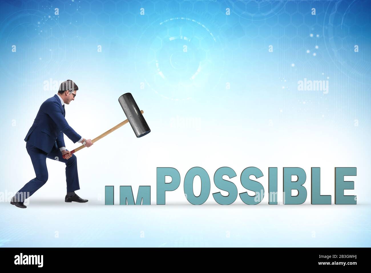 The businessman hitting the word impossible with hammer Stock Photo - Alamy