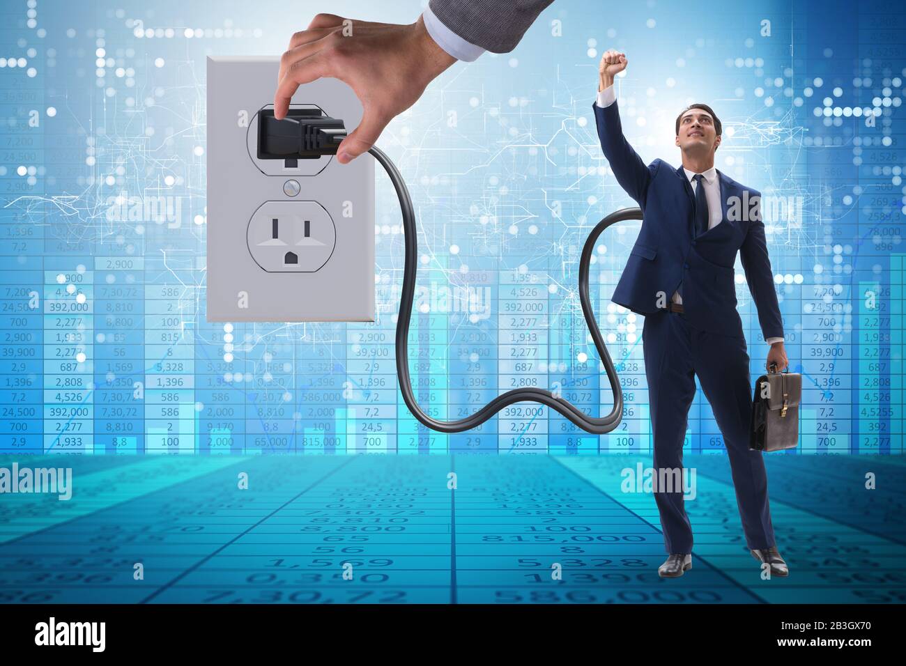 The businessman being powered by electricity and plug Stock Photo - Alamy