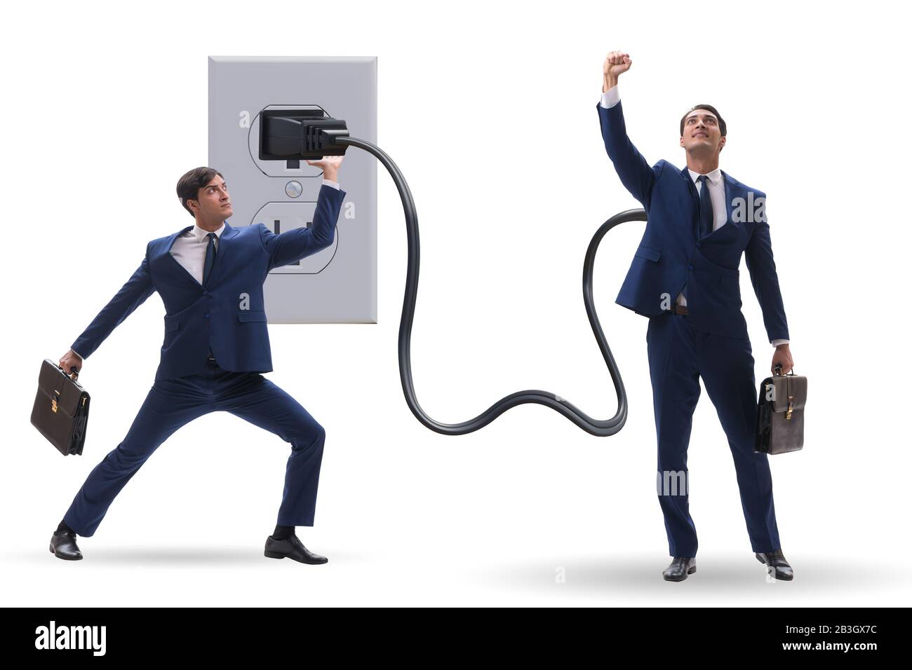 The businessman being powered by electricity and plug Stock Photo - Alamy