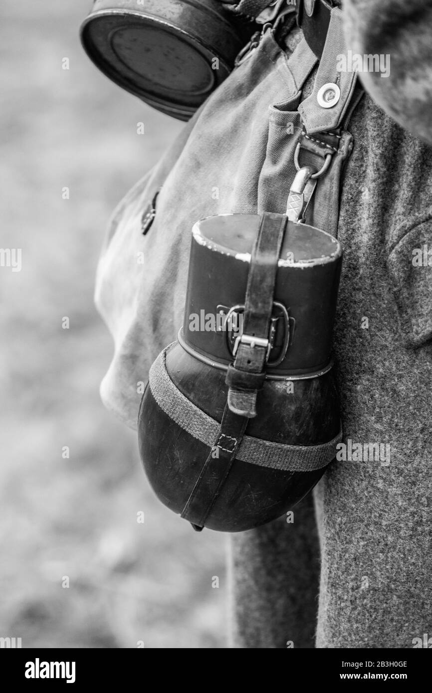 Drinking flask for water Germany Wehrmacht close-up black and white ...