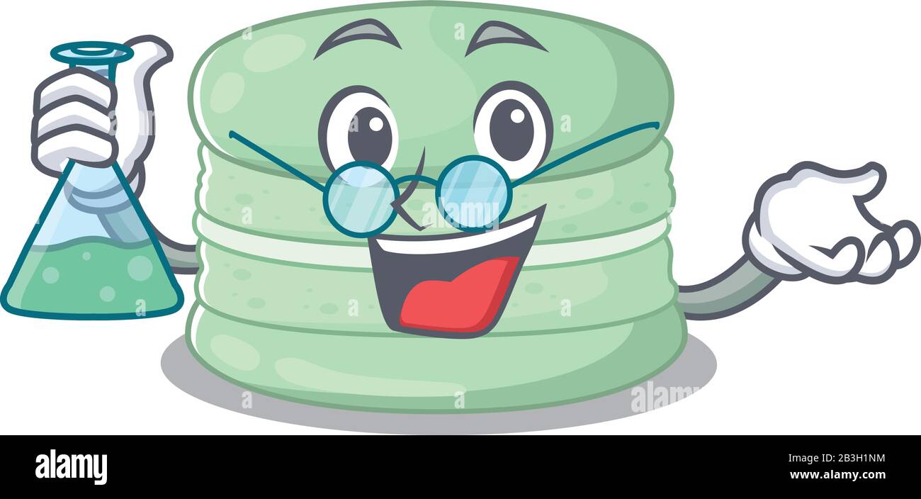 Cool pistachio macaron Professor cartoon character with glass tube ...