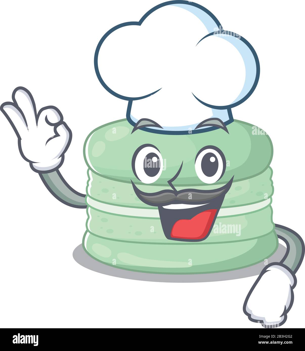 Pistachio macaron cartoon character working as a chef and wearing white ...