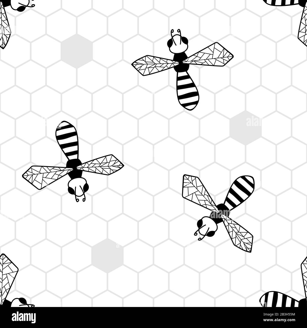 Vector Seamless Pattern With Bees And Honeycombs, Hand drawn. For ...