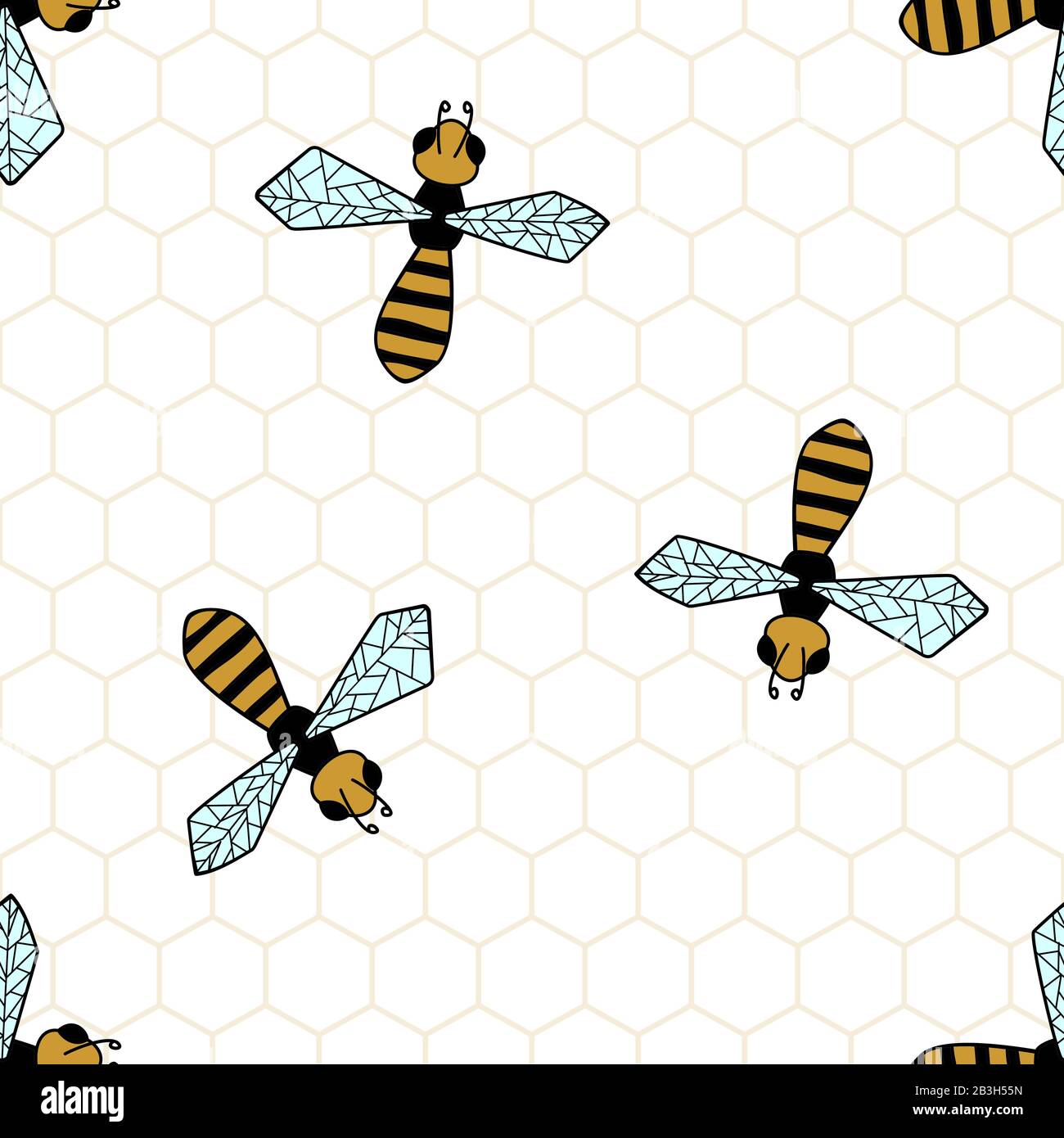 Vector Seamless Pattern With Bees And Honeycombs, Hand drawn. For ...
