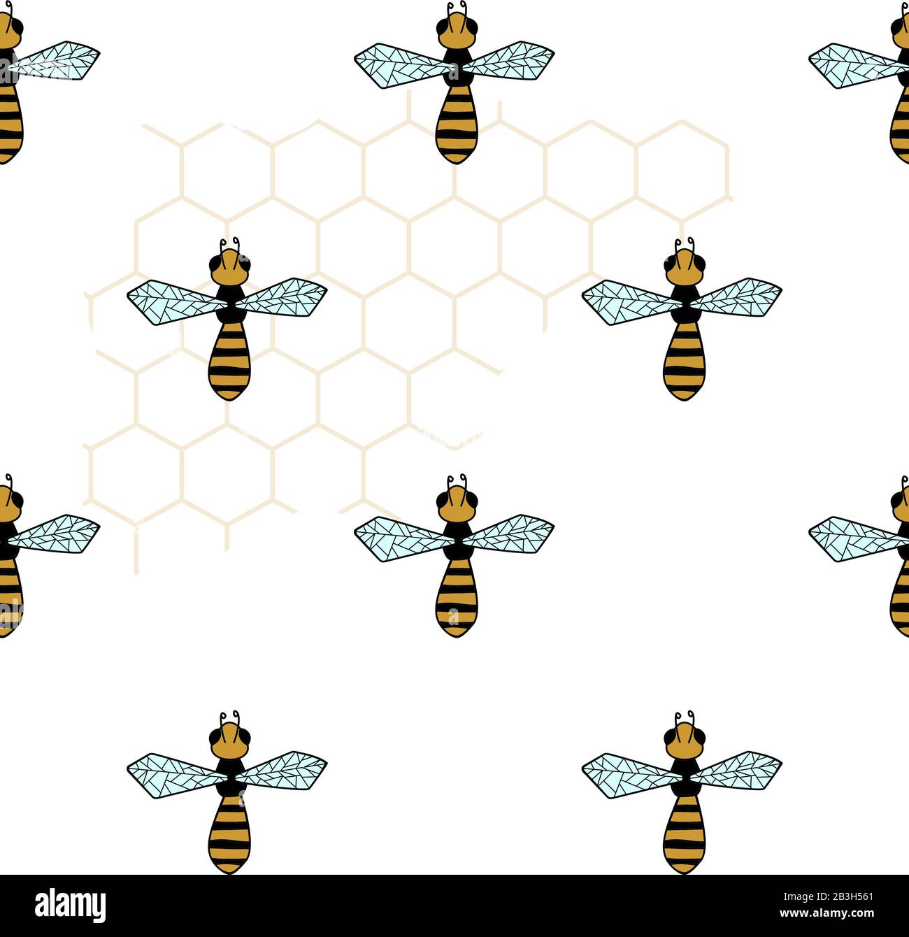 Vector Seamless Pattern With Bees And Honeycombs, Hand drawn. For ...