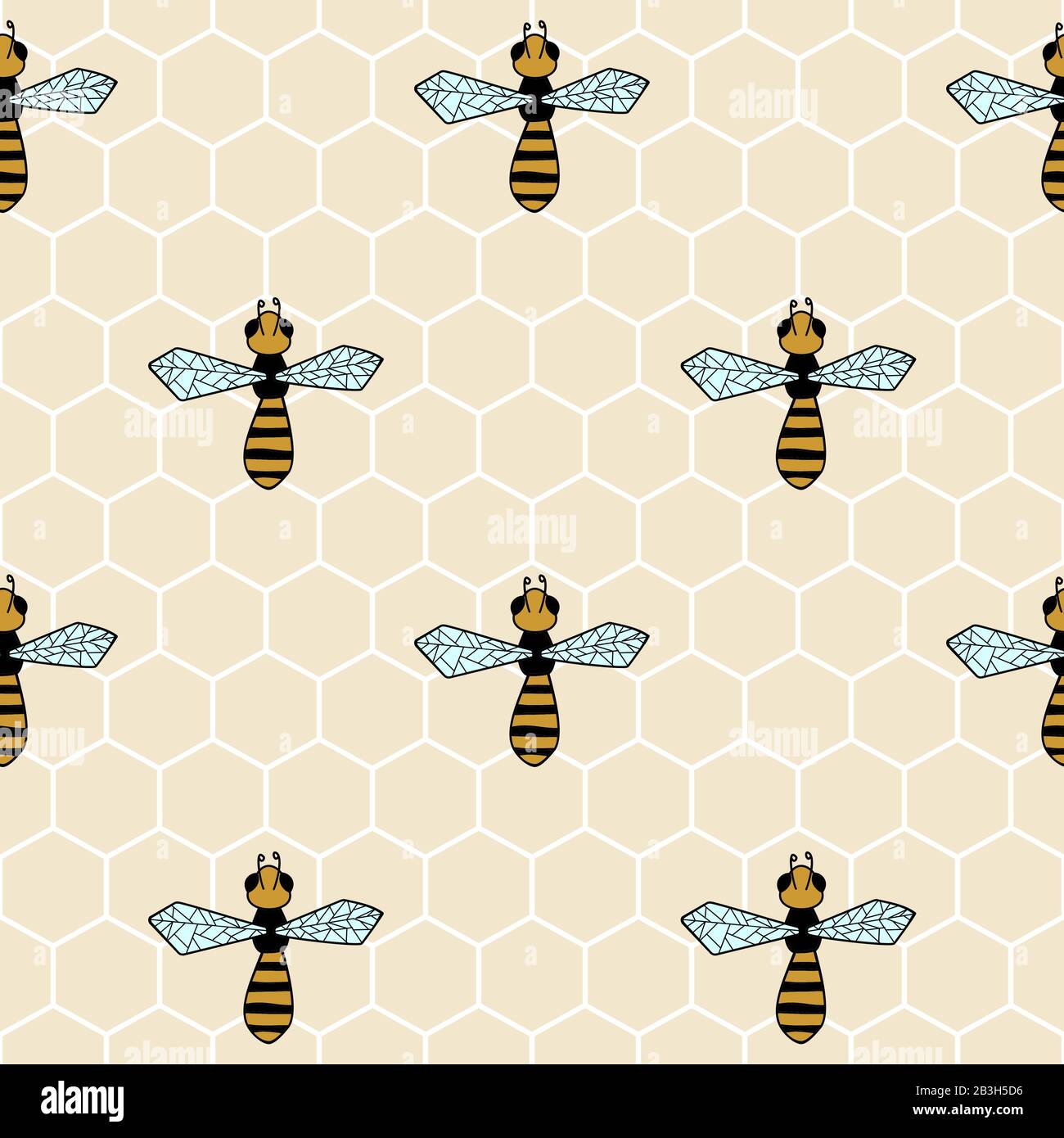 Vector Seamless Pattern With Bees And Honeycombs, Hand drawn. For ...