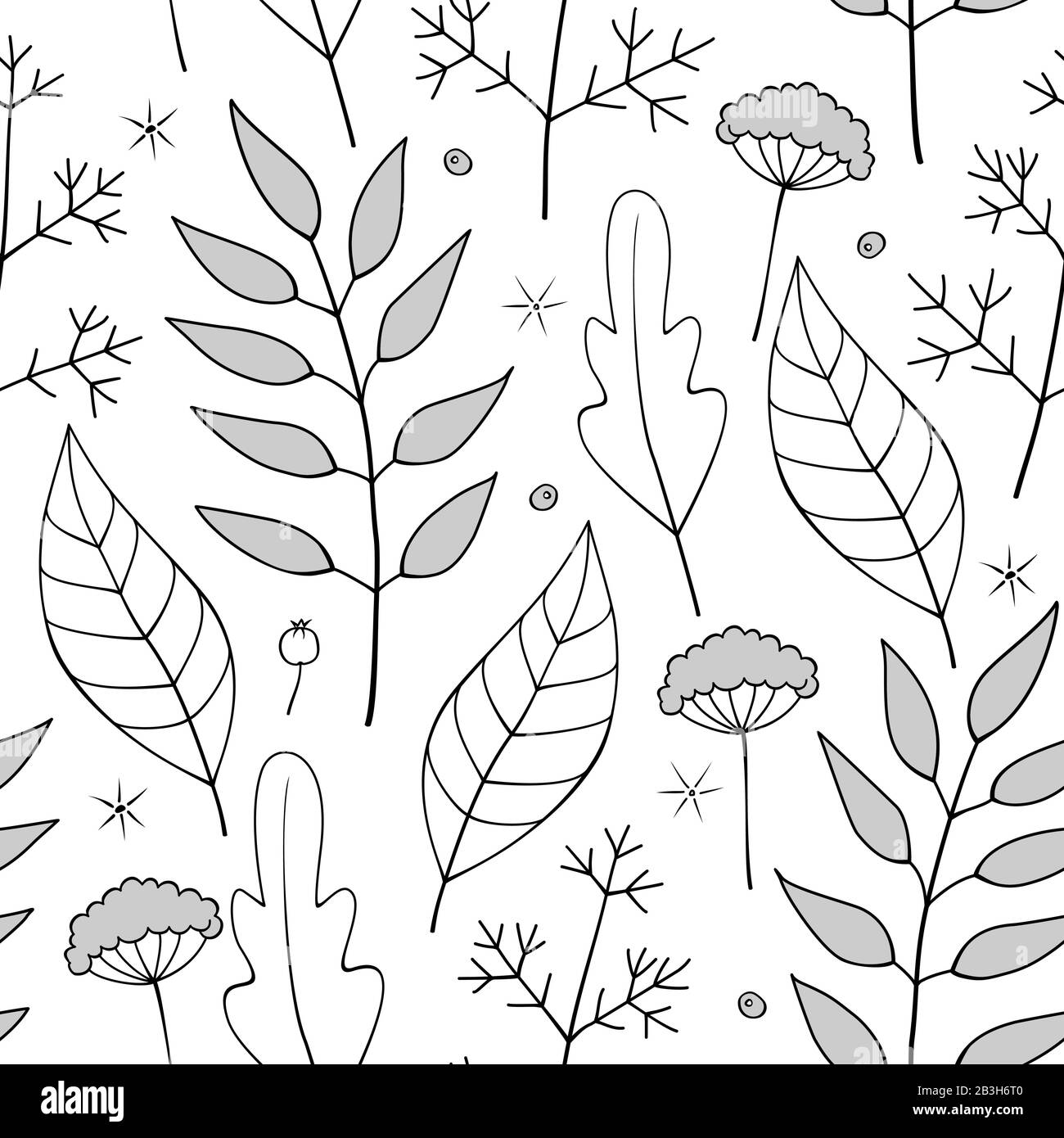 Vector Hand-drawn Seamless Floral Pattern Of Plants, Leaves, Berries ...