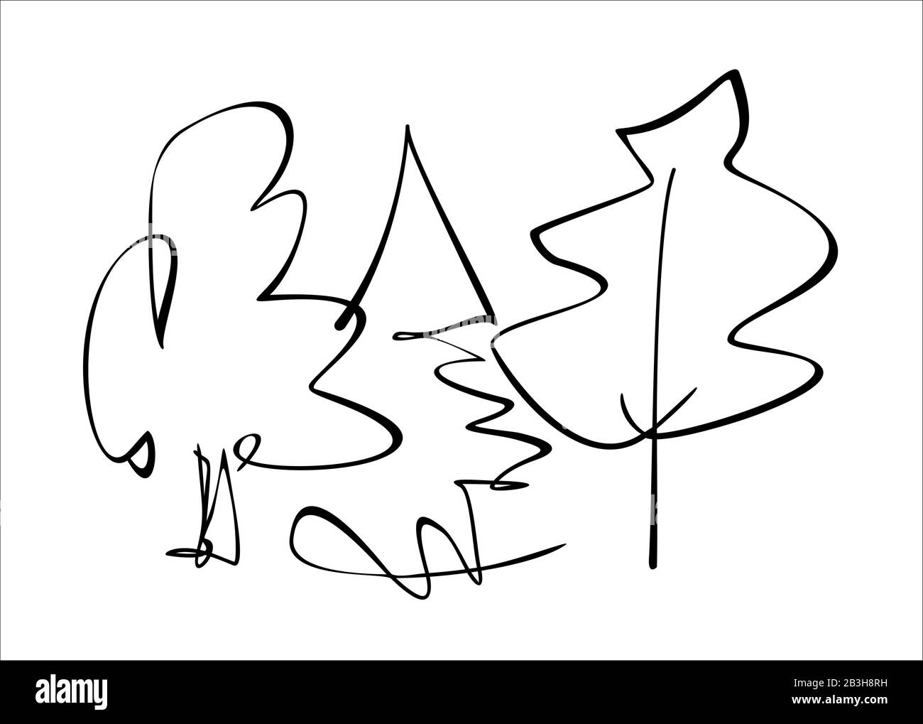 Deciduous and coniferous trees drawn with lines. Vector, isolated Stock ...