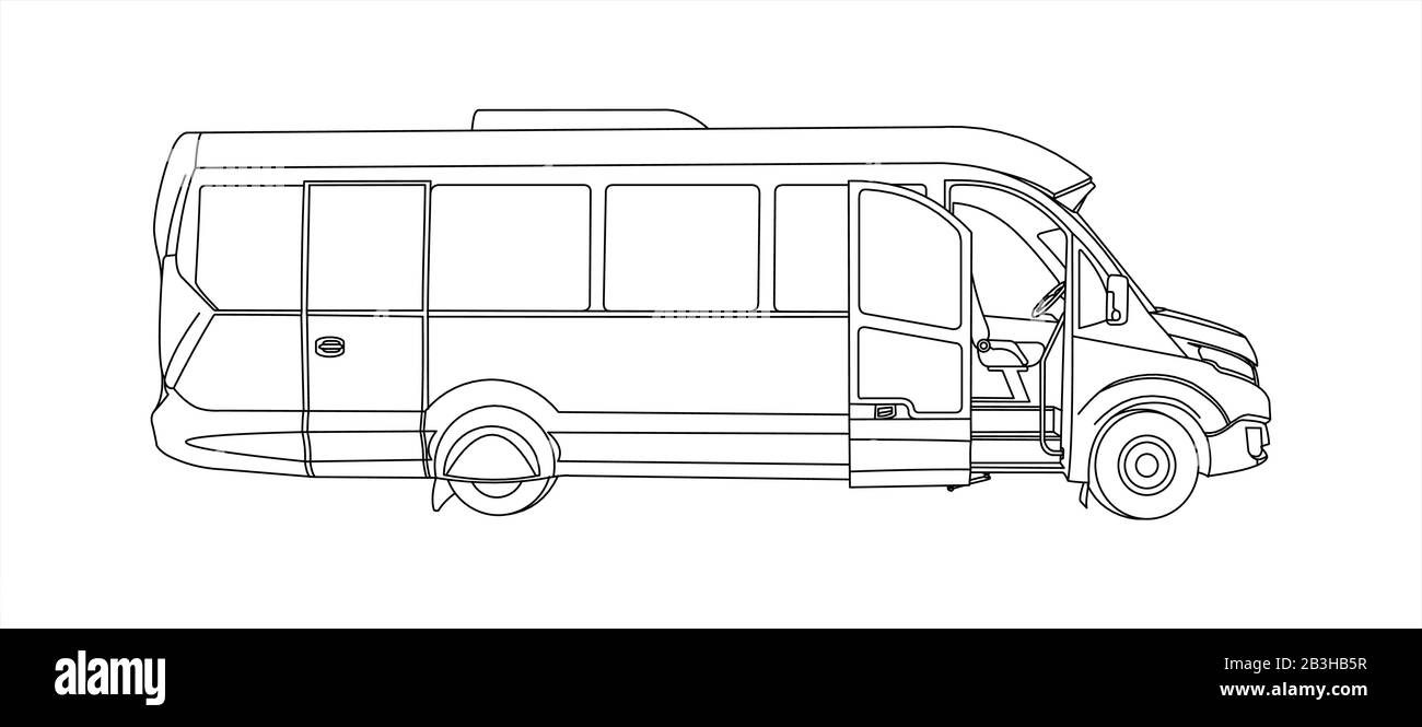 Outline Bus with an open door, Side view. Tourist bus. Sightseeing bus ...