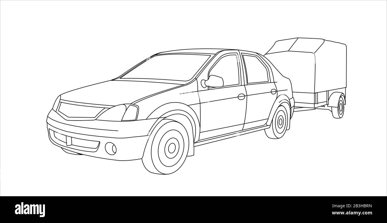 Vector Outline Car With Trailer, Front View, Three Quarter View Stock ...