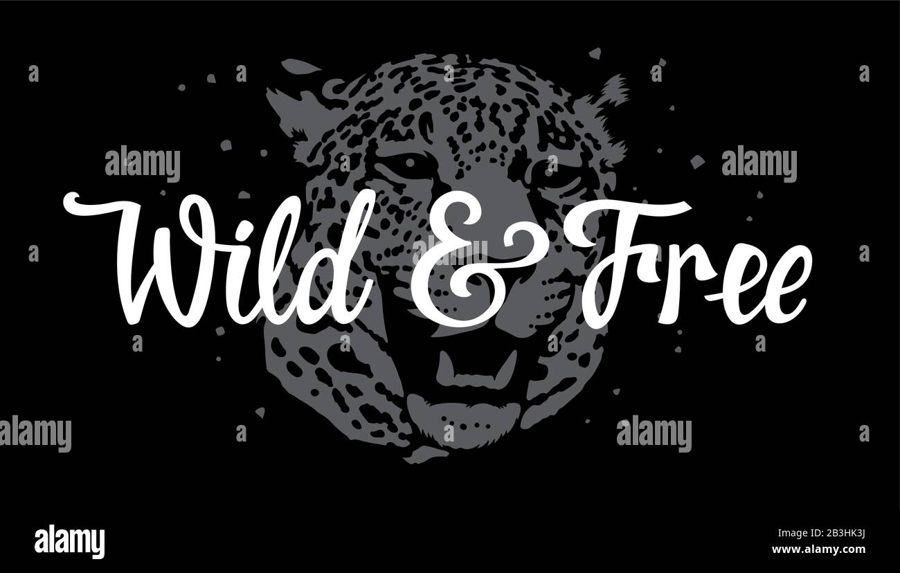 Wild and free calligraphic slogan with leopard head vector illustration ...