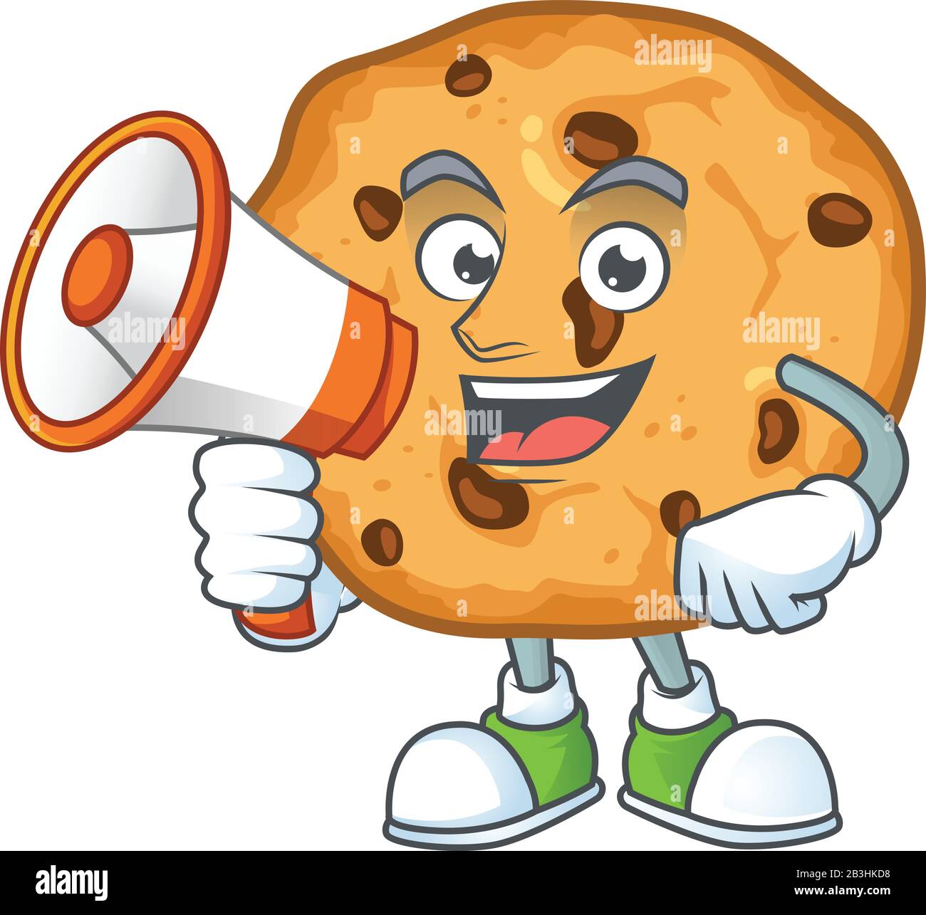 A chilly cartoon character of chocolate chips cookies with a megaphone ...