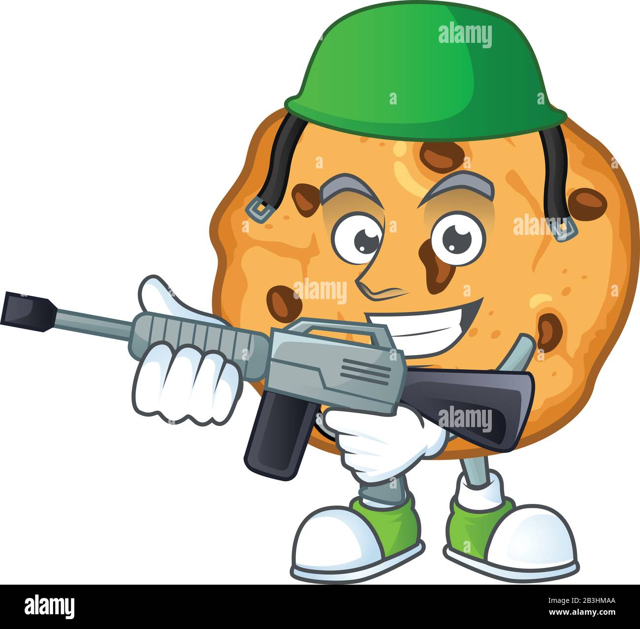 Chocolate chips cookies mascot design in an Army uniform with machine ...