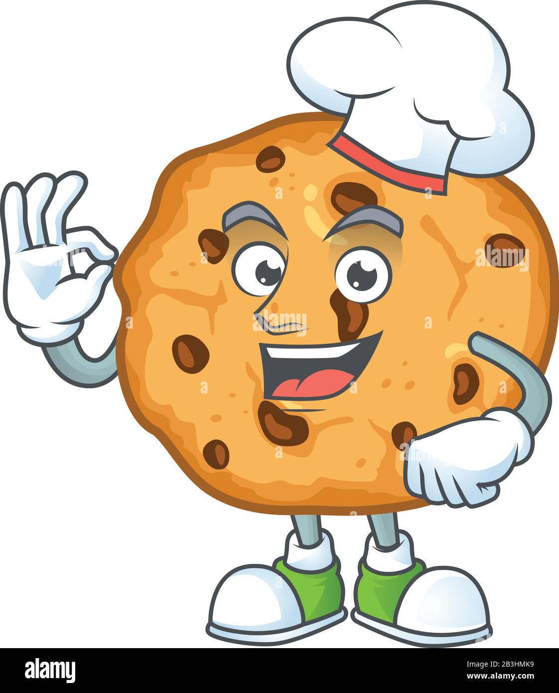 Chocolate chips cookies cartoon character in a chef dress and white hat ...