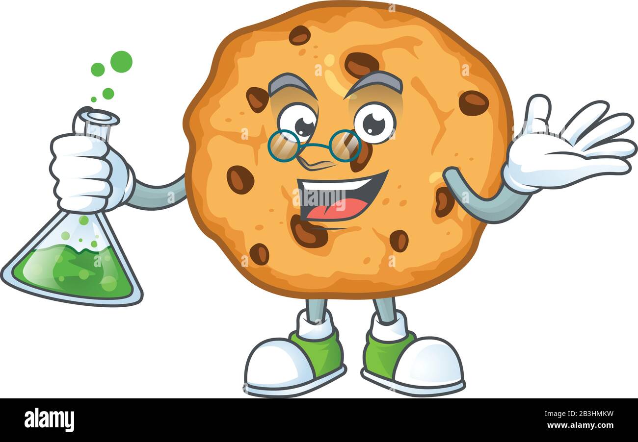 A genius Professor chocolate chips cookies cartoon character with glass ...