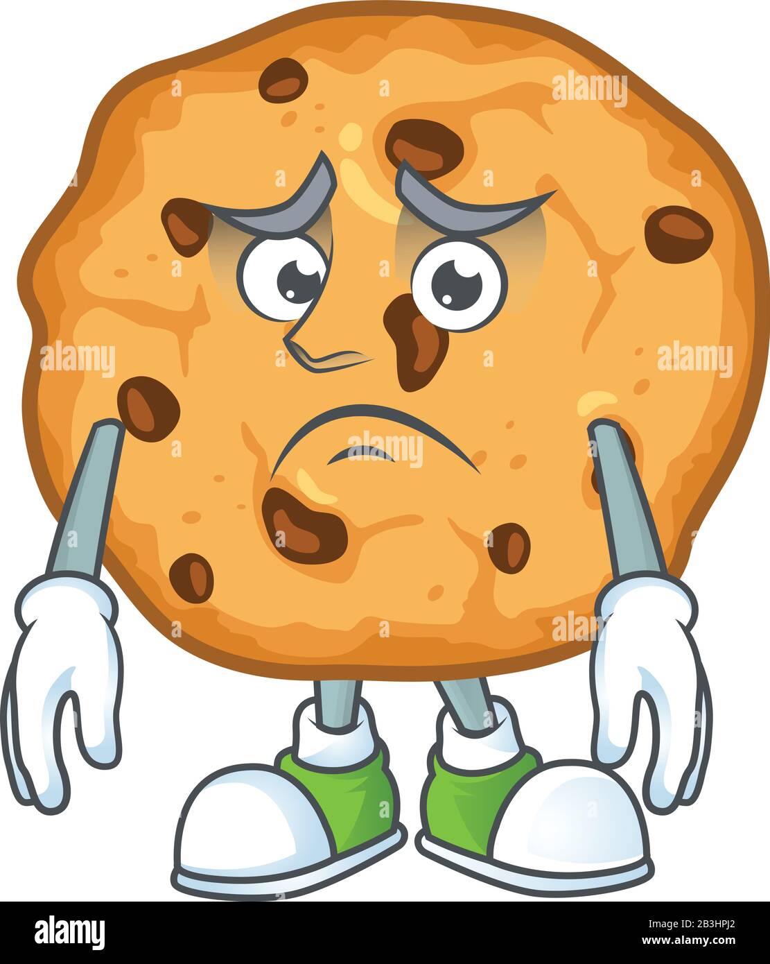 Cartoon character of a chocolate chips cookies having an afraid face ...