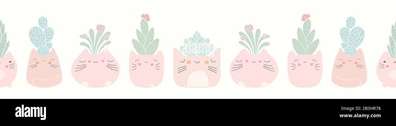 Kawaii cat plant pots with succulents seamless banner background. Cute ...