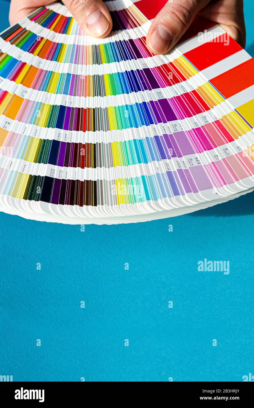 Multicolored color palette of a fixed set of colors in the hands of a ...