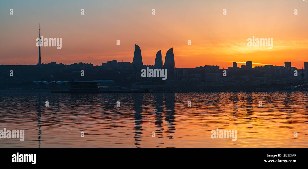 Panoramic view on colorful sunset over Baku city Stock Photo - Alamy