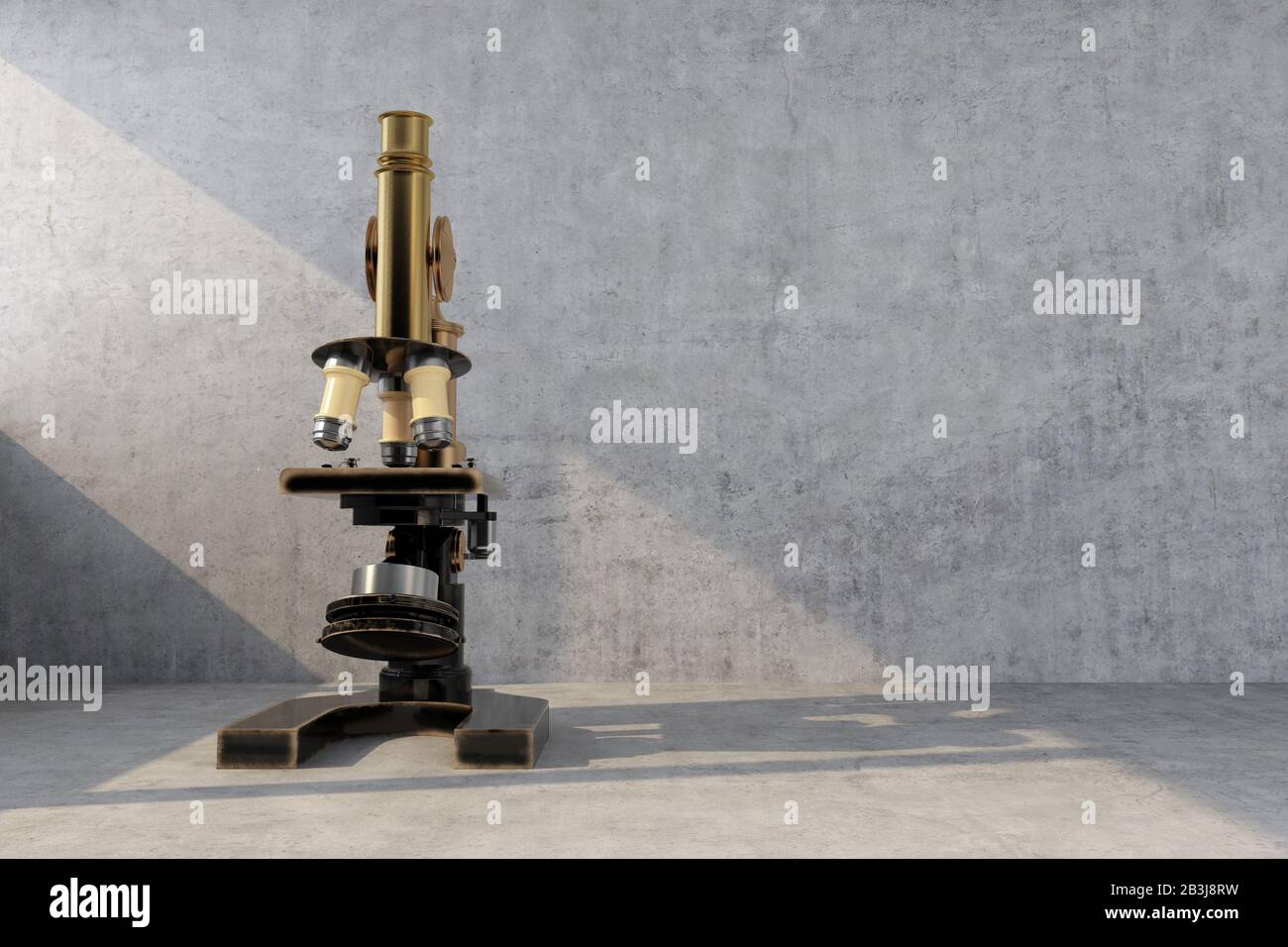 old retro microscope illuminated by ray of light. 3d rendering Stock ...