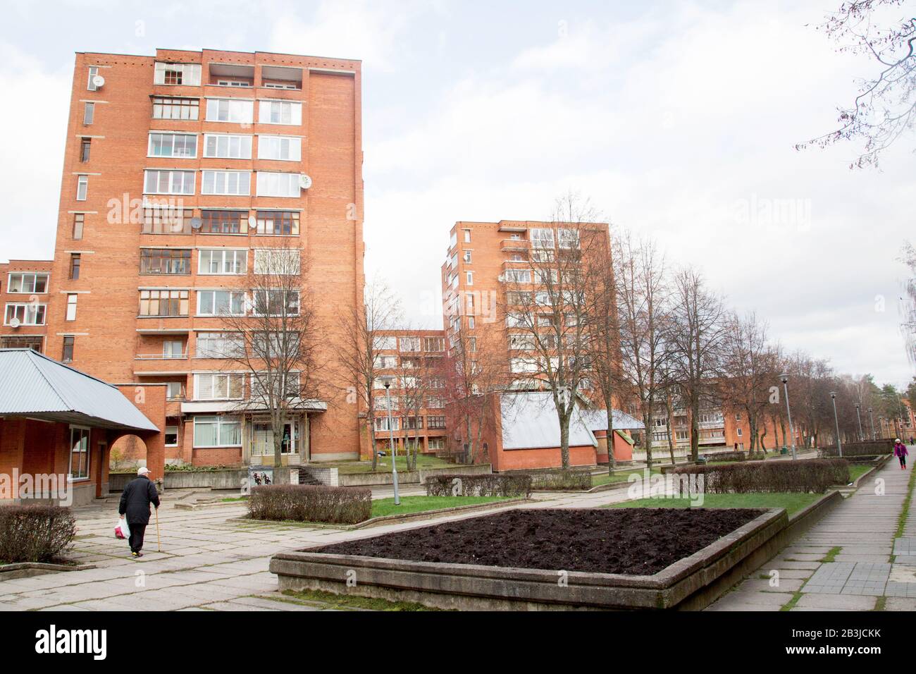 07 November 2019, Lithuania, Visaginas: The pedestrian zone with blocks ...