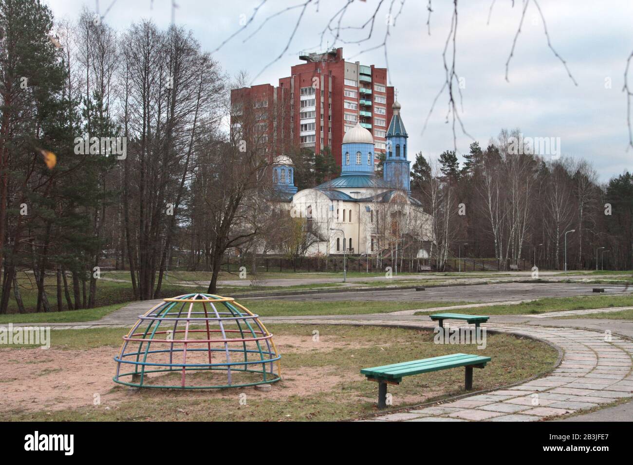 Visaginas, Lithuania. 07th Nov, 2019. View from a park to the orthodox ...