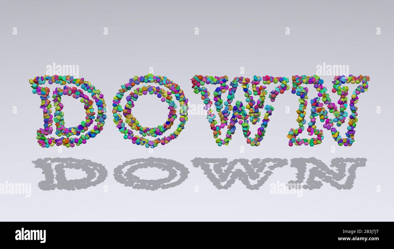 DOWN: 3D illustration of the text made of small objects over a white ...