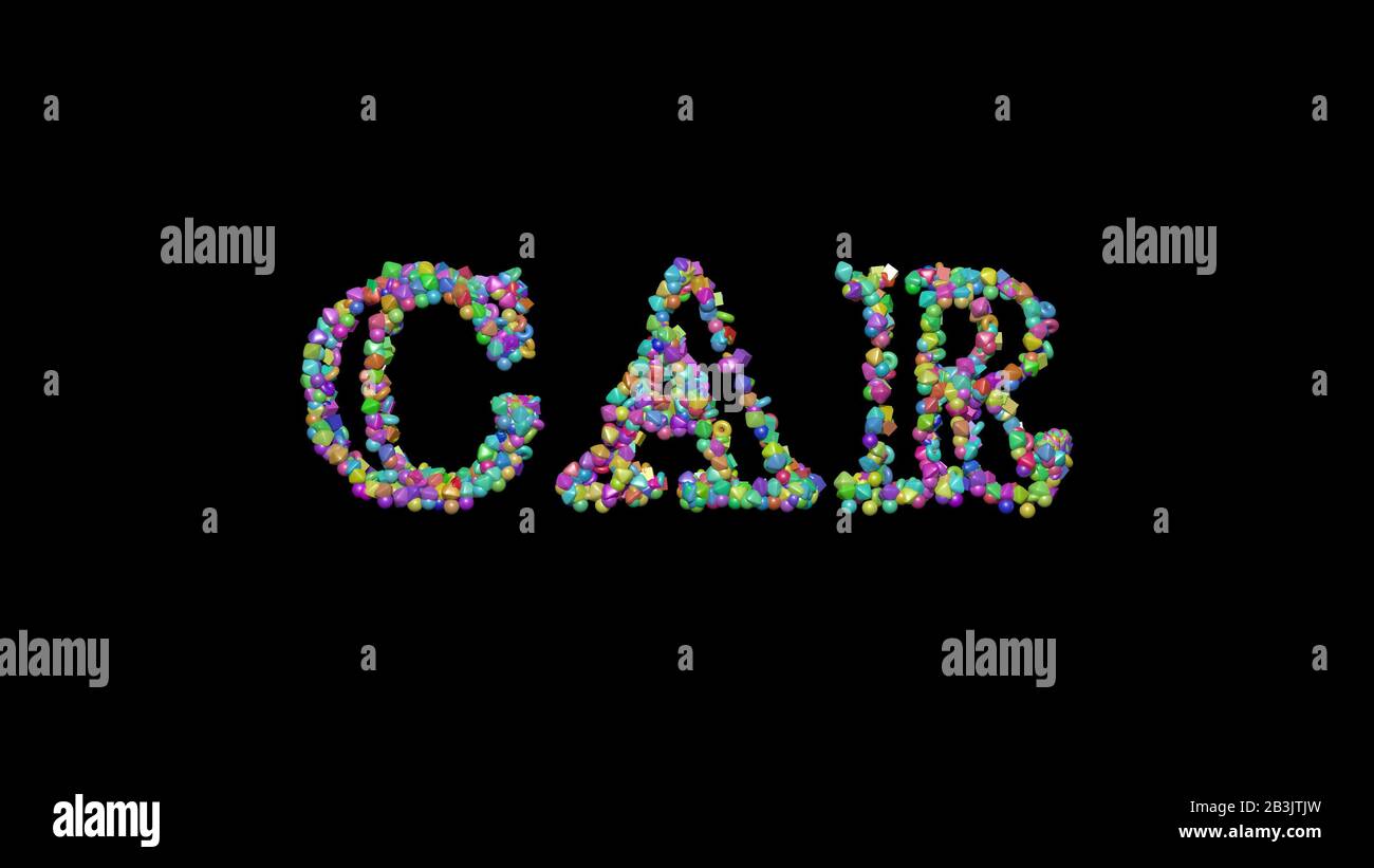 CAR written in 3D illustration by colorful small objects casting shadow ...