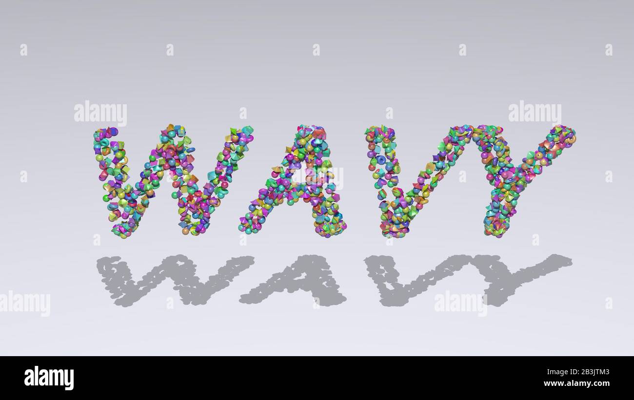 Colorful 3D writting of Wavy text with small objects over a white ...