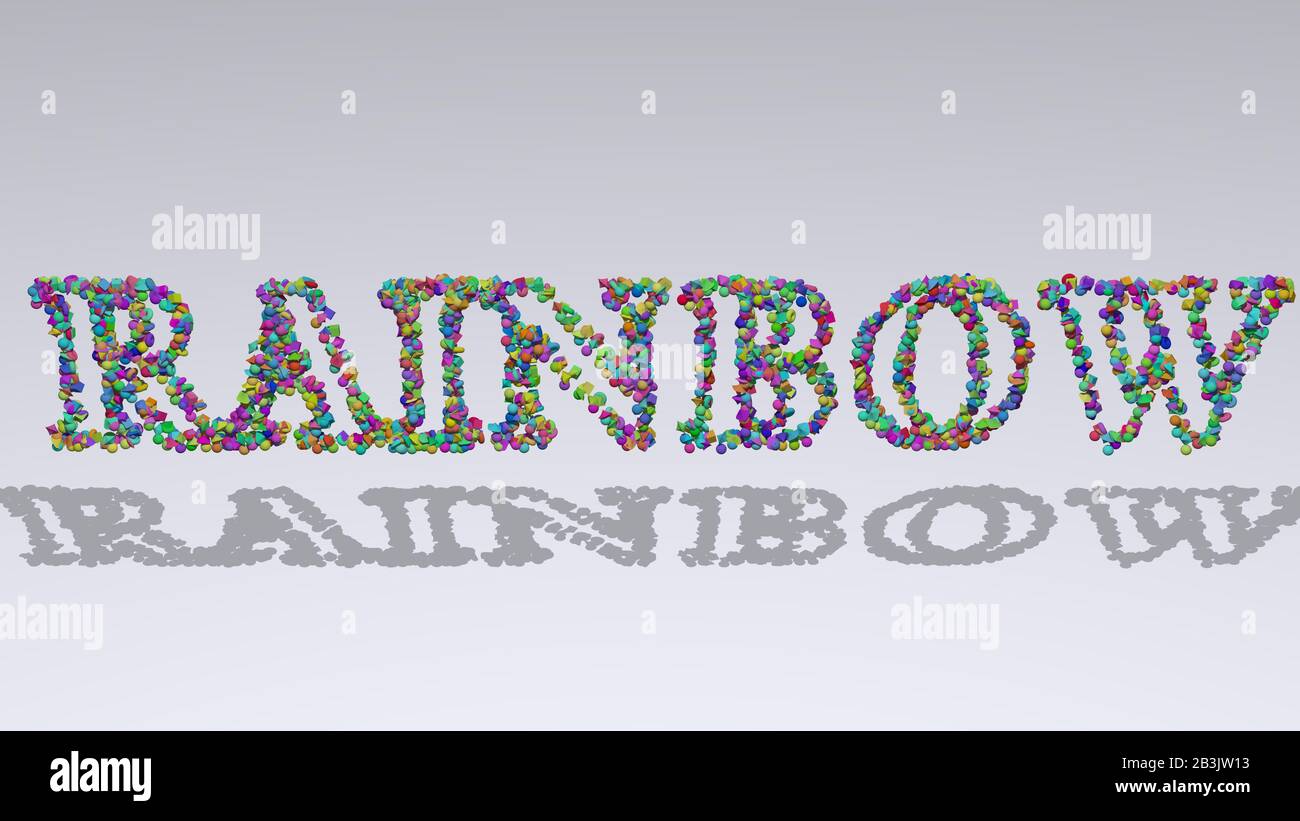 Colorful 3D writting of Rainbow text with small objects over a white ...