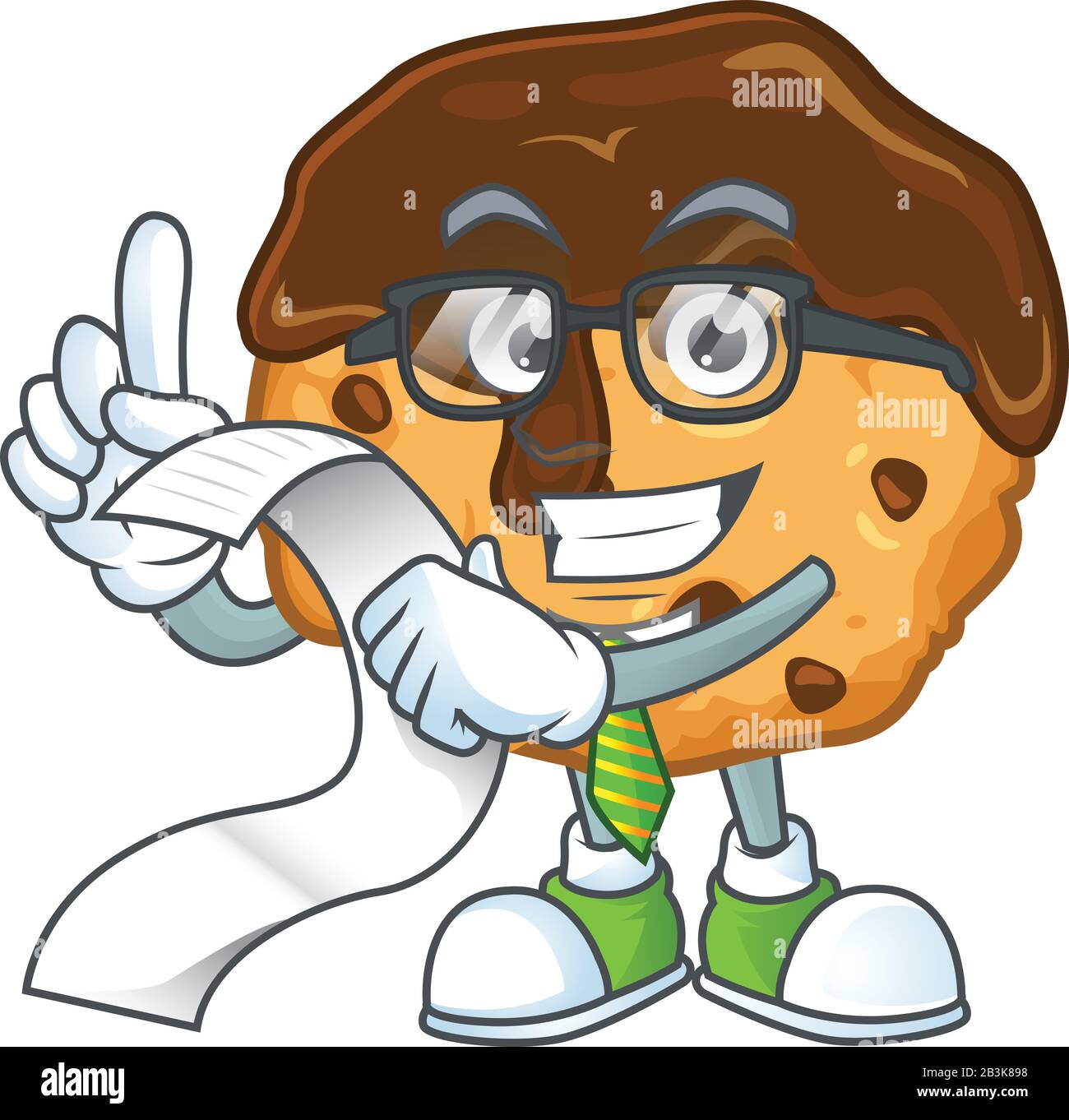 A funny face character of chocolate chips with cream holding a menu ...