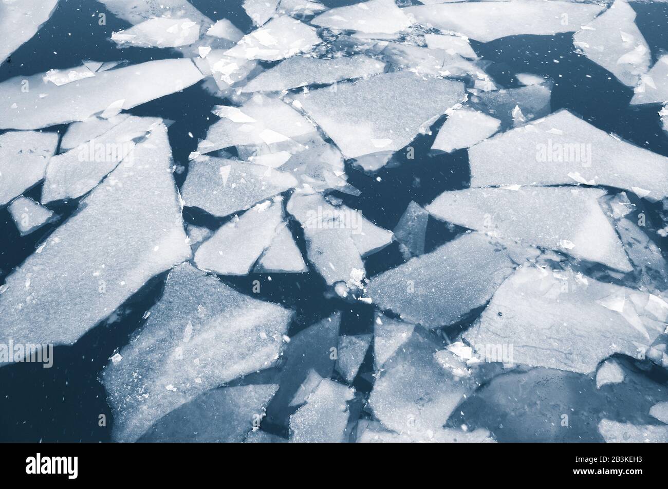 Fragments of melting ice float on a river water in winter, natural blue ...