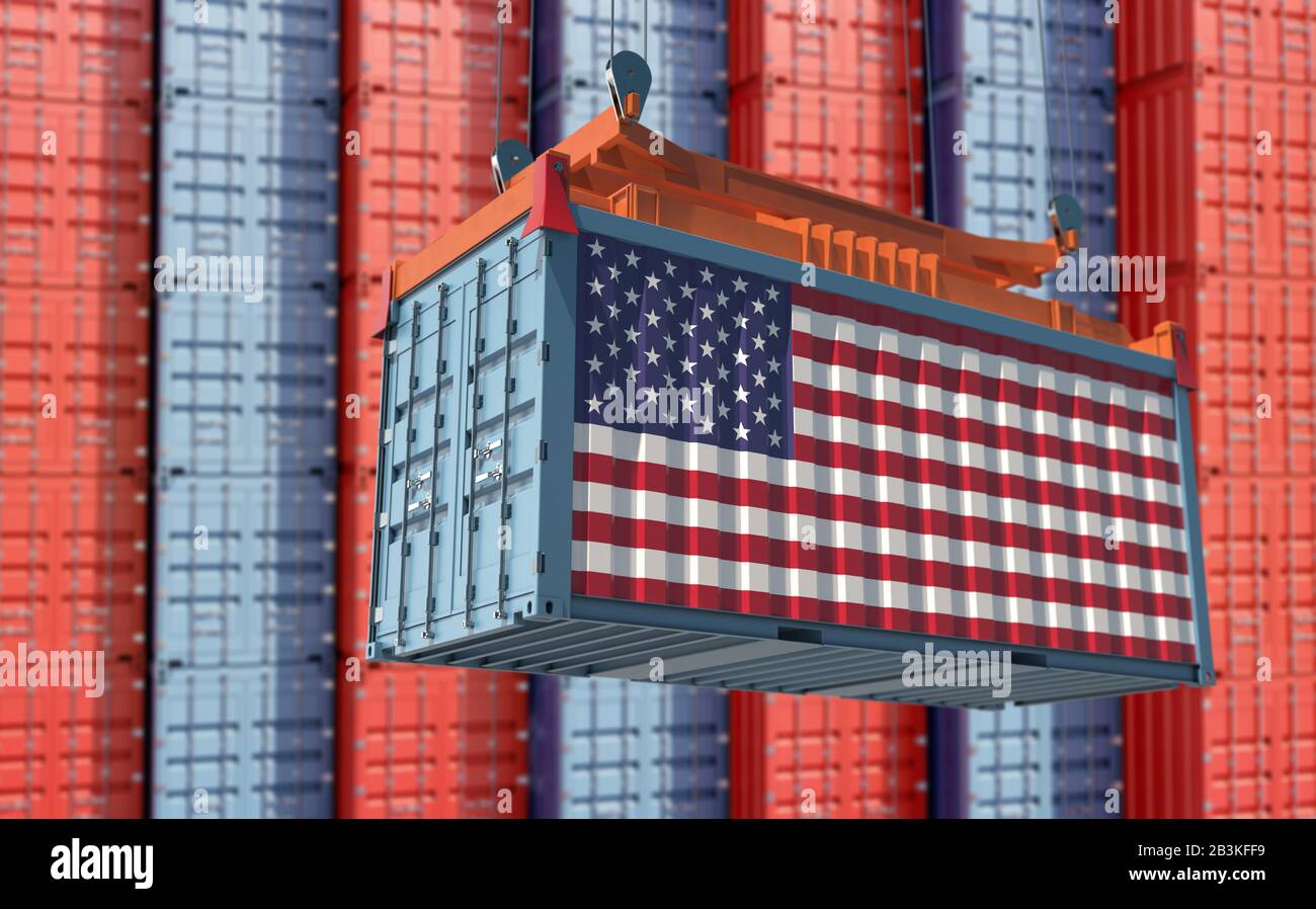Shipping container with USA flag hanging on a crane. 3D Rendering Stock ...