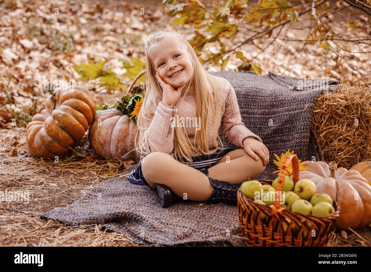 Happy cute girl in autumn fall outdoor. Celebrate harvest festival. Kid ...