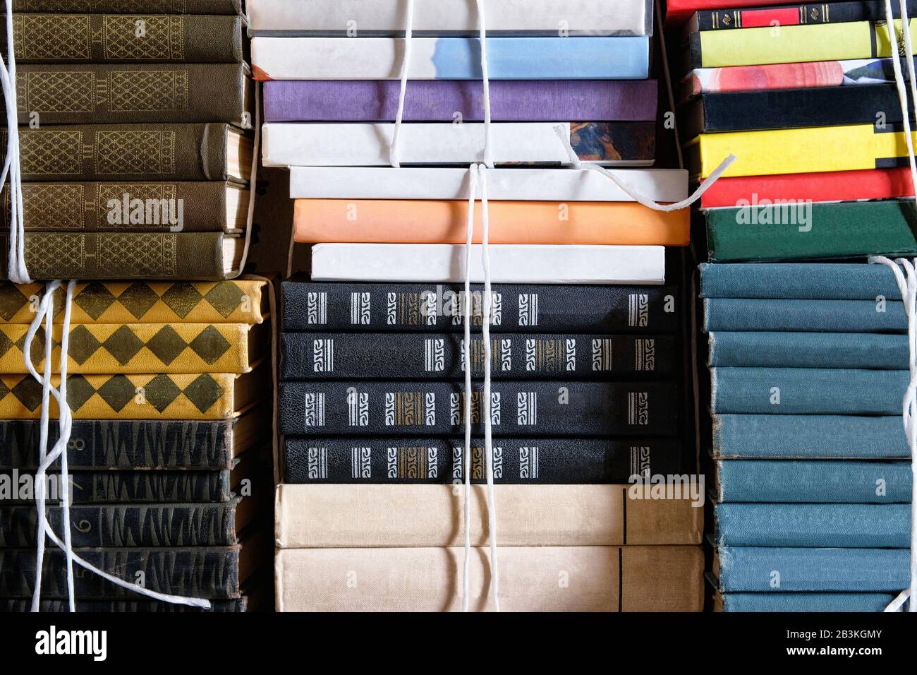 Book stack of step to success concept, closeup. Vintage books with ...