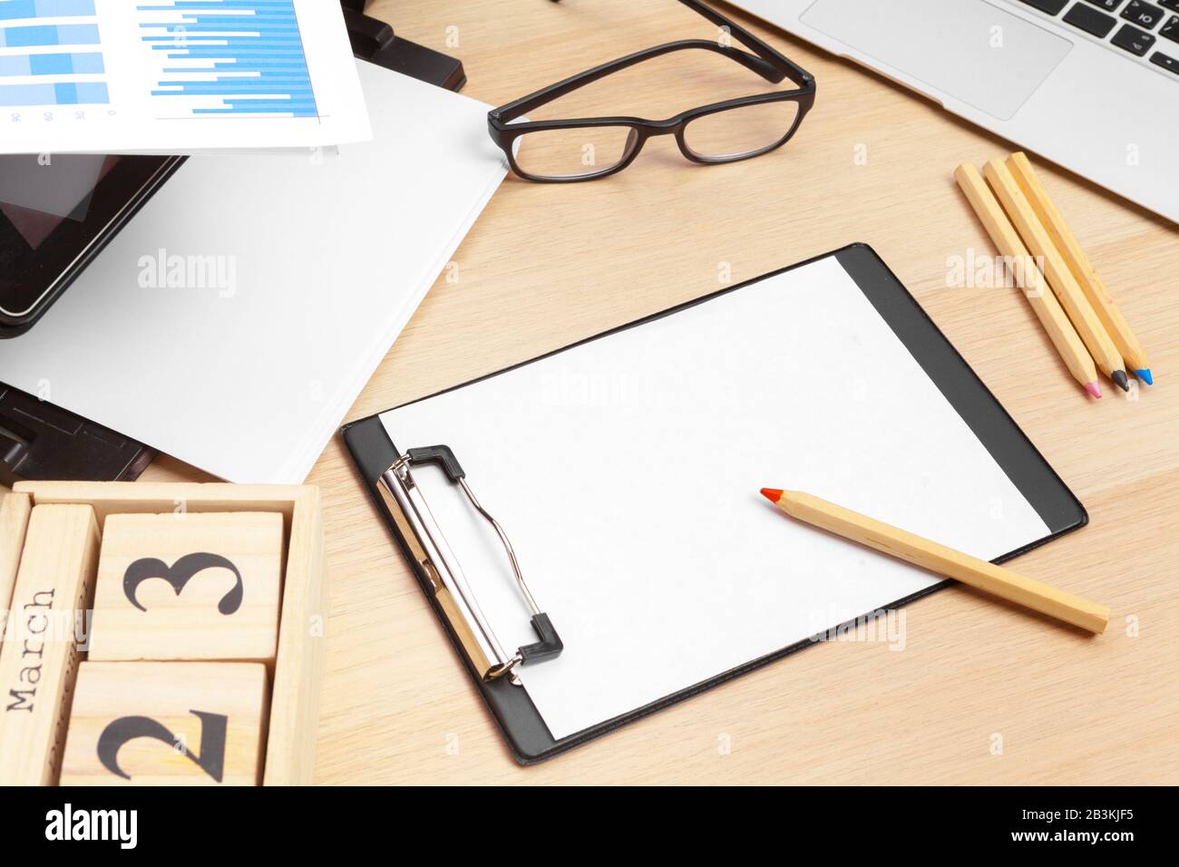 Printer and computer. Office table. Top view Stock Photo - Alamy