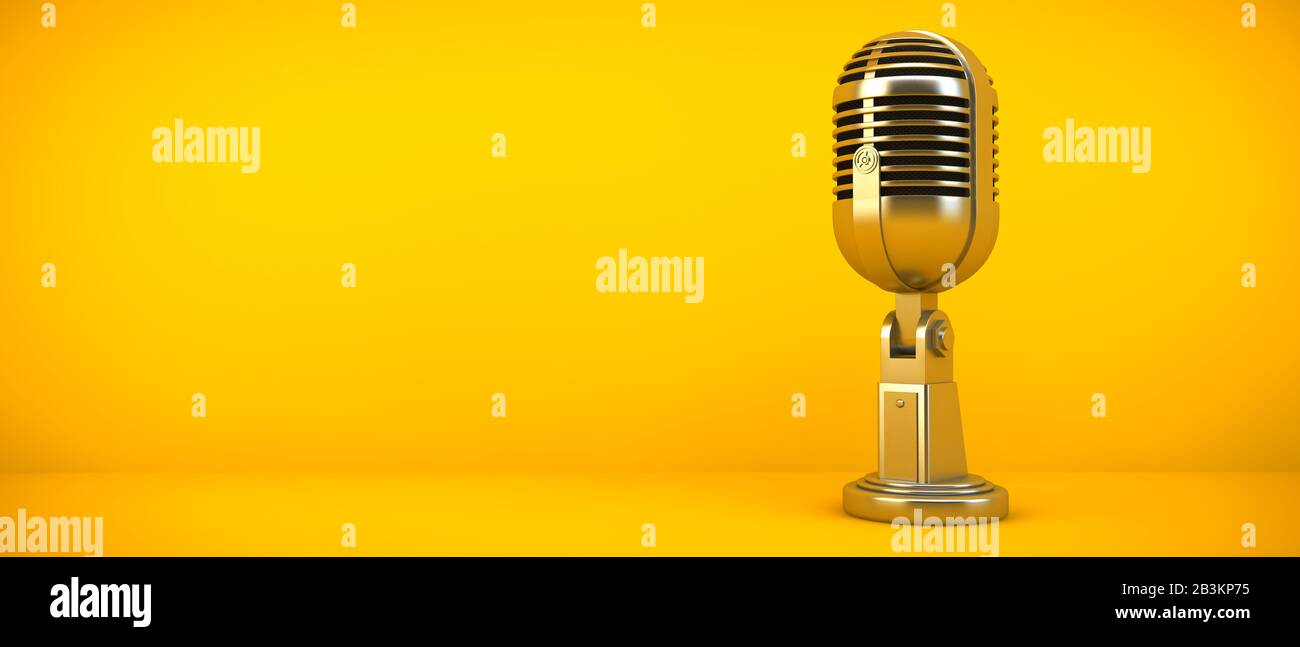 gold microphone on yellow background 3d rendering Stock Photo - Alamy
