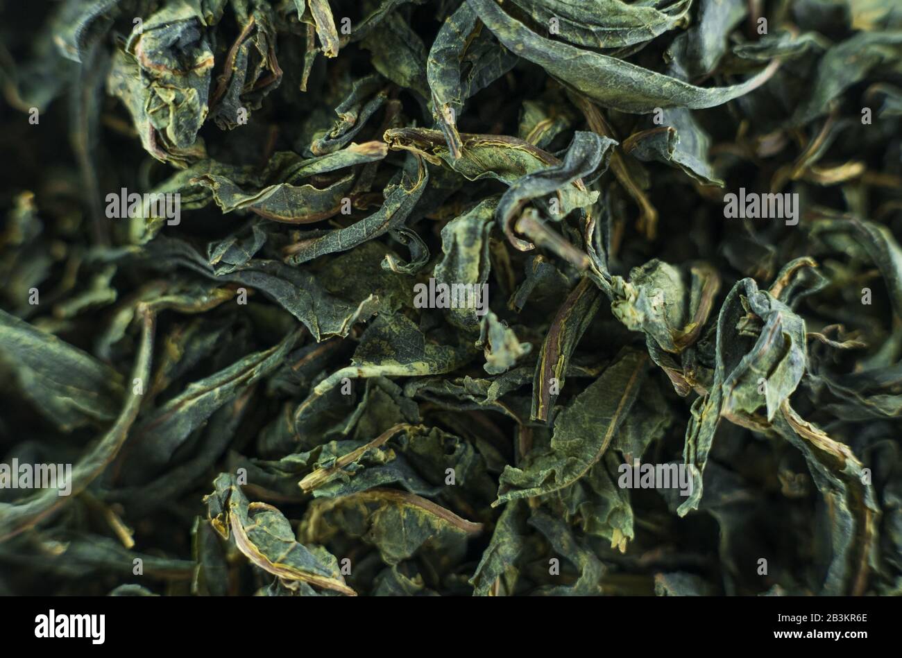 Close-up - collection of dried green tea leaves .Top view. Macro photo ...