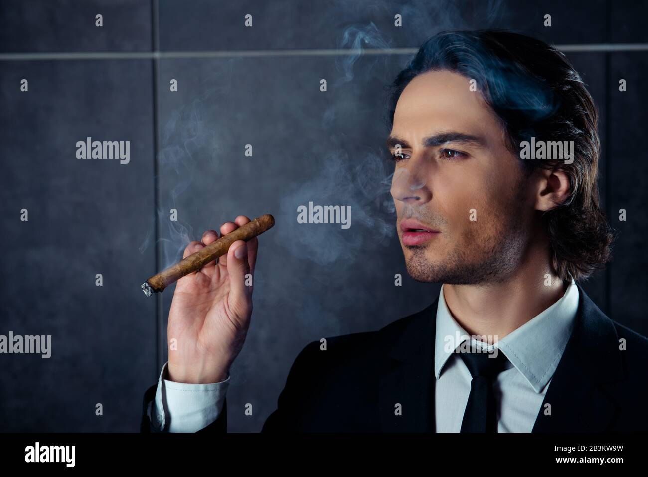 Handsome man in black tuxedo holding cigar with smoke Stock Photo - Alamy