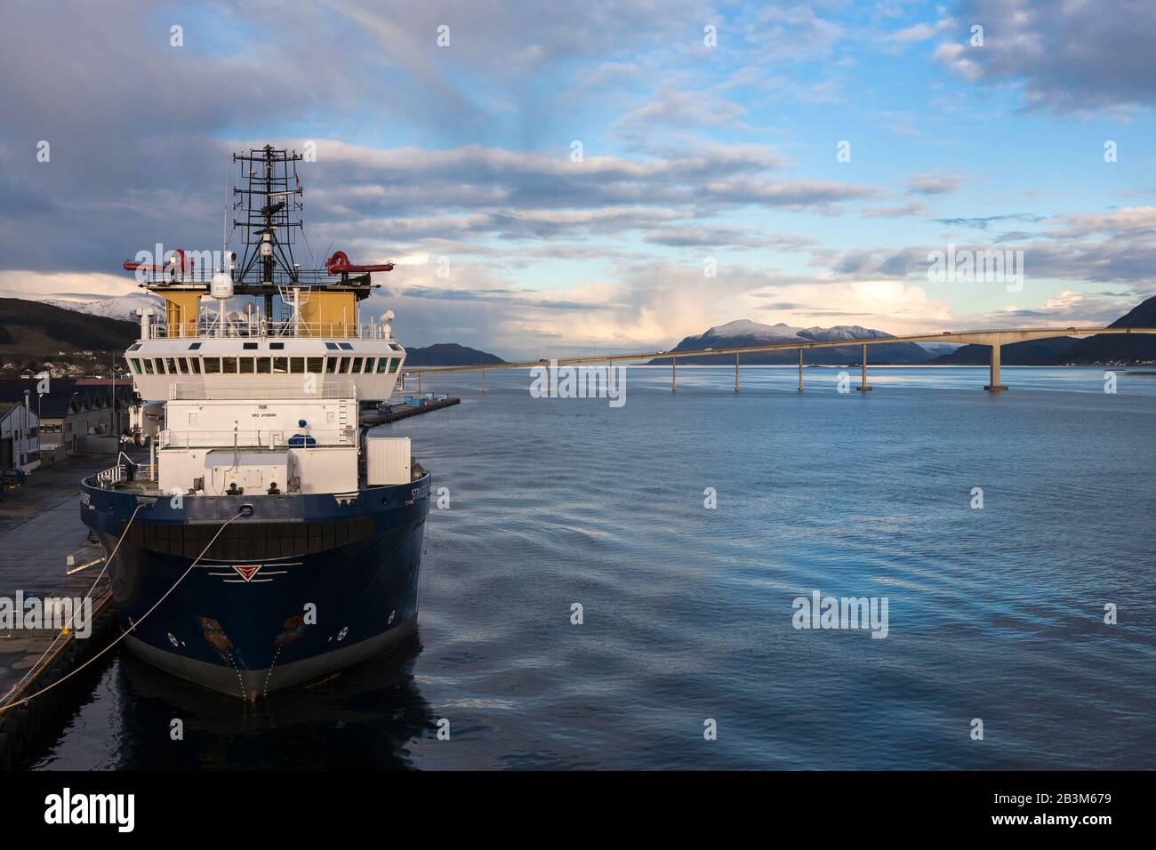 The offshore supply ship "Strilborg" docked at Sortland, Langøya ...