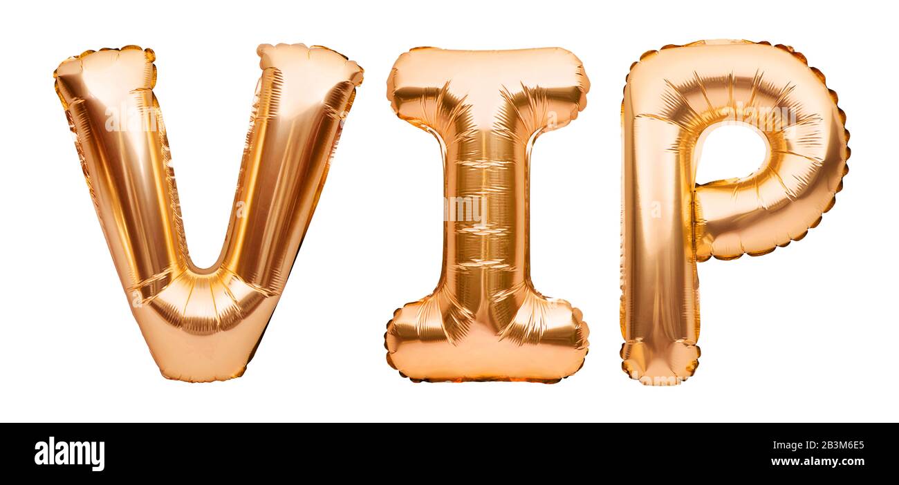 Lettering VIP or very important person made of golden inflatable helium ...