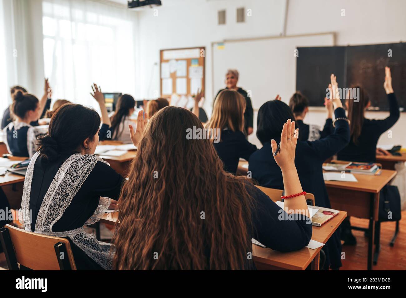Pupils hands up Stock Photo - Alamy