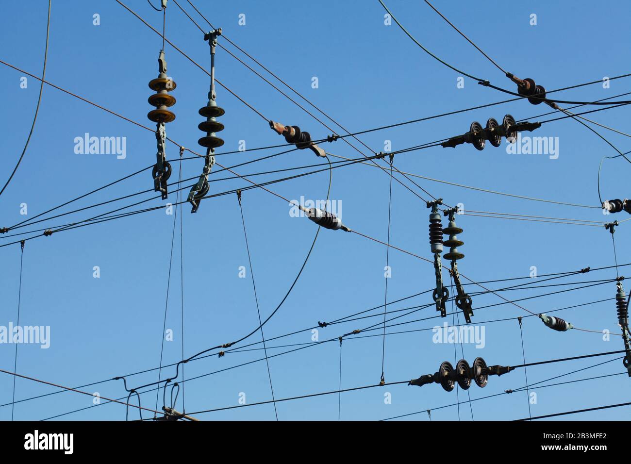 Insulators, power lines, rail system, blue sky, Germany, Europe Stock ...
