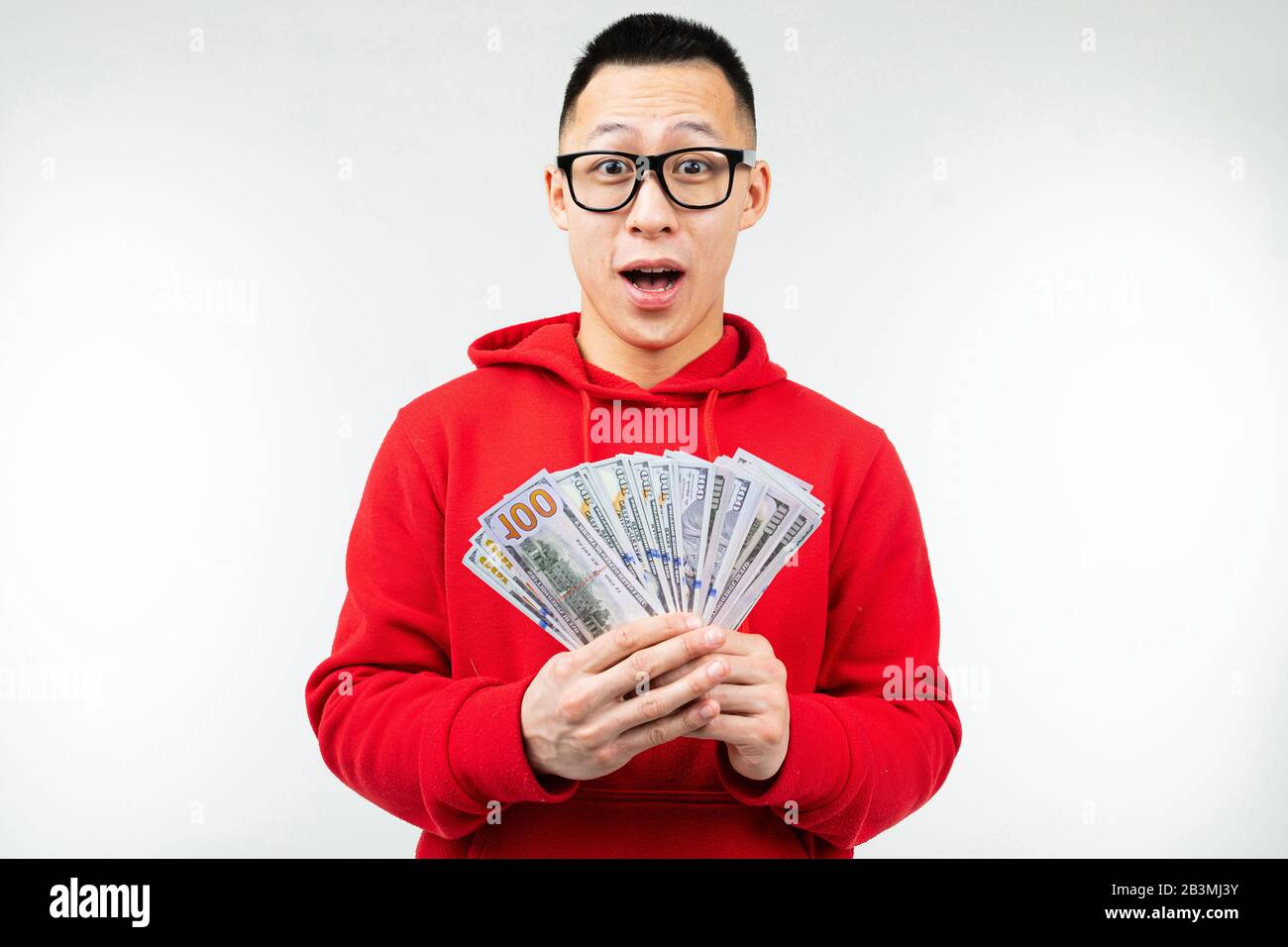 man received a cash prize on a white background with copy space Stock ...