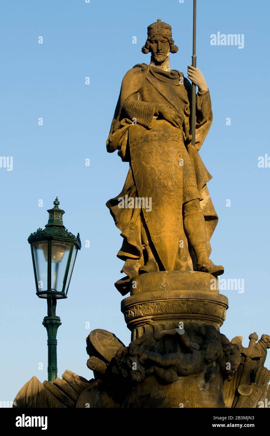 Prague: sunbright stone sculpture. This is a medieval knight of noble ...