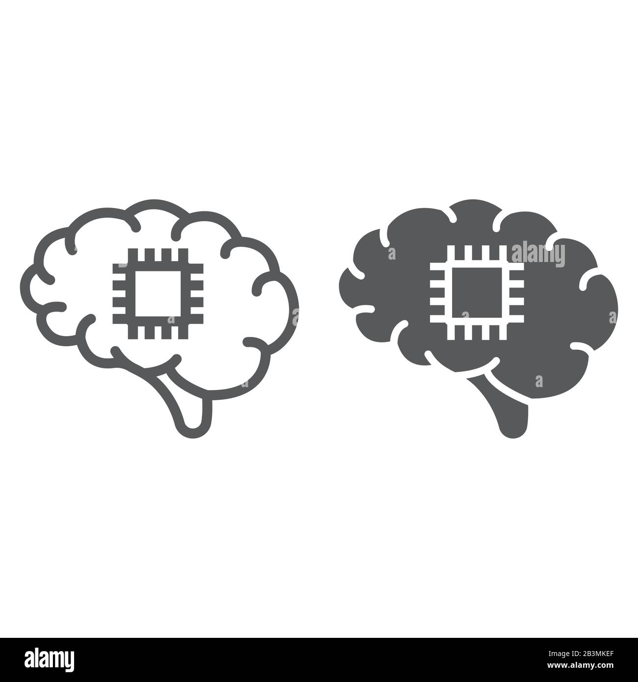 Brain with chip line and glyph icon, technology and brain, neurochip ...