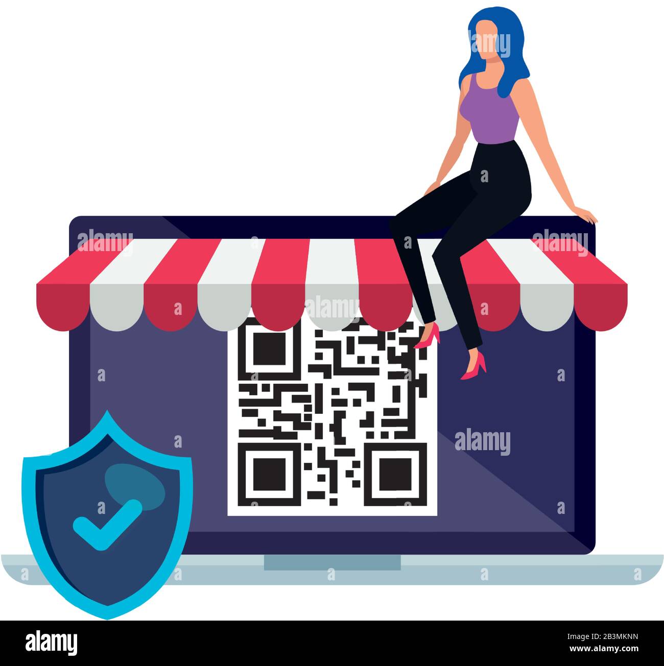 code qr in laptop with shield and businesswoman Stock Vector Image ...